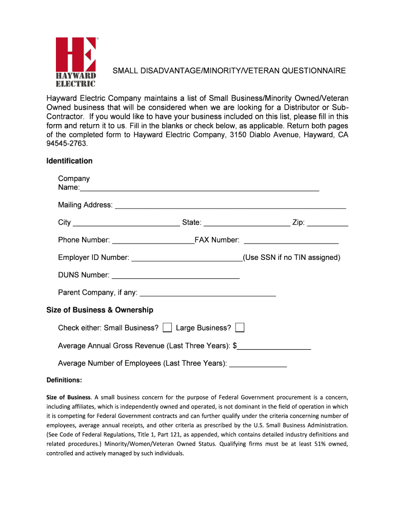 Fillable Online Small Disadvantage/Minority/Veteran Questionnaire Fax Email Print - pdfFiller