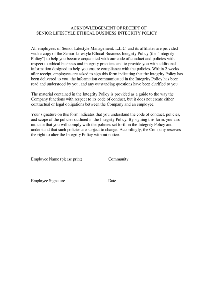 Fillable Online Acknowledgement of Receipt of Senior Lifestyle Ethical ...