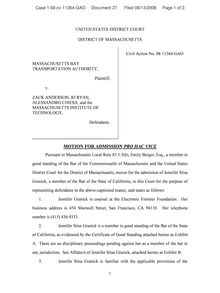 Fillable Online MOTION FOR ADMISSION PRO HAC VICE Fax Email Print ...