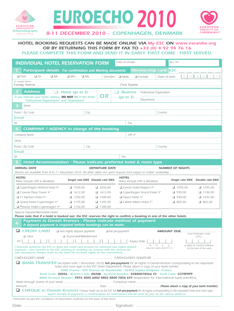 Fillable Online escardio EuroEcho 2010 - Hotel Form - European Society ...