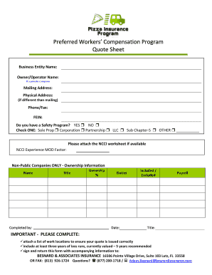 Fillable Online Preferred Workers39 Compensation Program Quote Sheet ...
