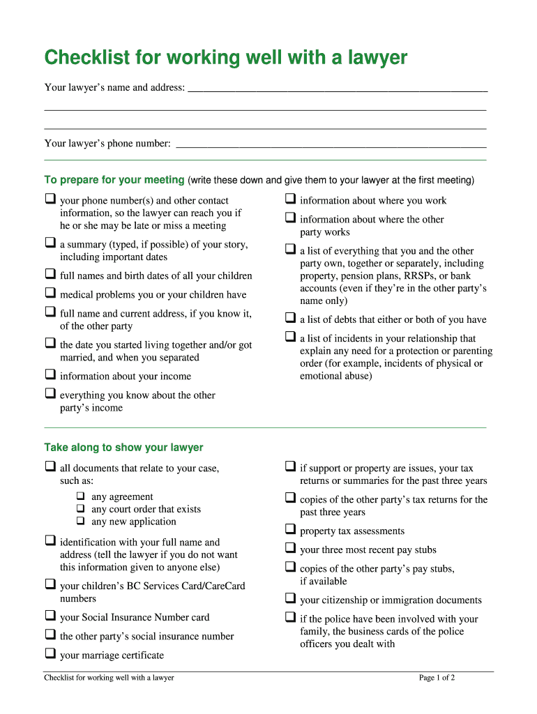 Fillable Online Checklist for Working Well with a Lawyer Fax Email ...