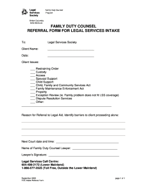 Fillable Online Family Duty Counsel Intake Referral Form - Legal ...