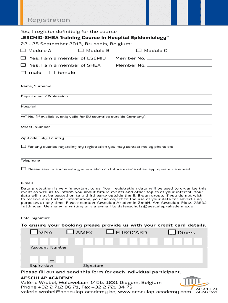 Fillable Online ESCMID-SHEA Training Course Registration Fax Email ...