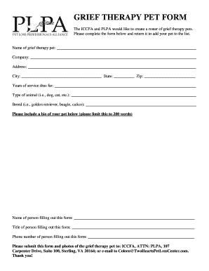 Fillable Online GRIEF THERAPY PET FORM - iccfa Fax Email Print - pdfFiller