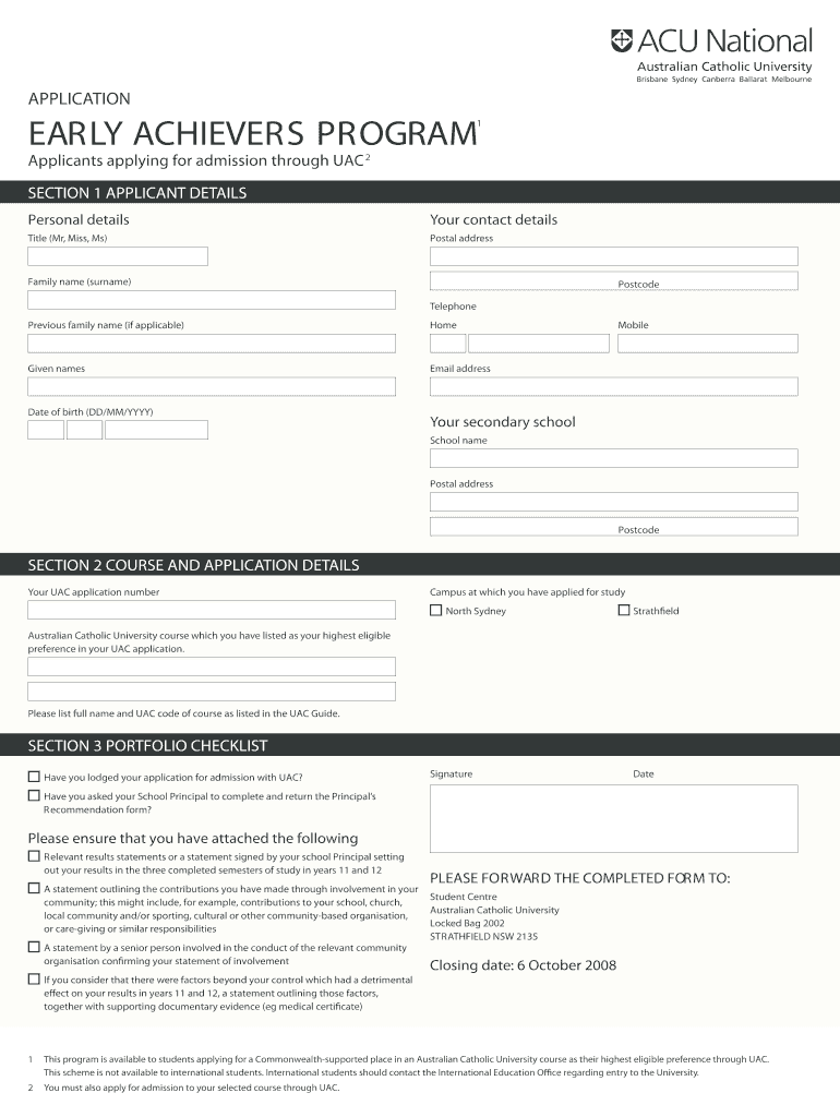 Fillable Online EARLY ACHIEVERS PROGRAM Fax Email Print - pdfFiller