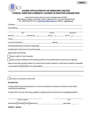 Fillable Online fcscs License bapplicationb by an embalmer andor ...