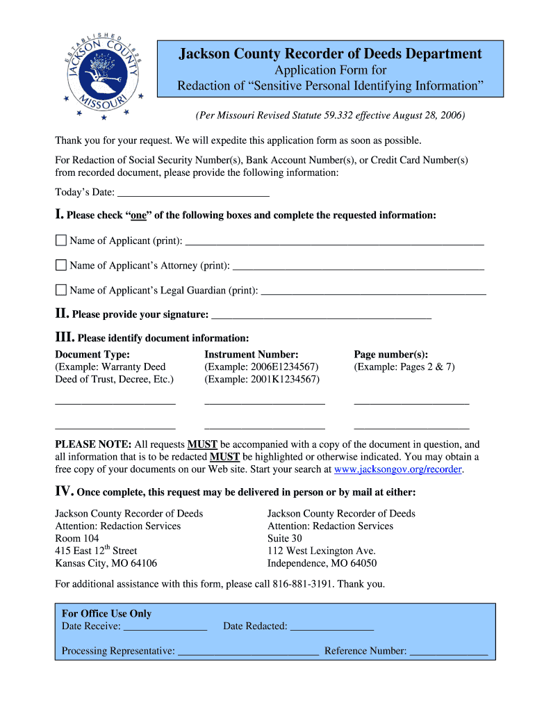 Fillable Online Jackson County Recorder of Deeds Redaction Application Fax Email Print - pdfFiller