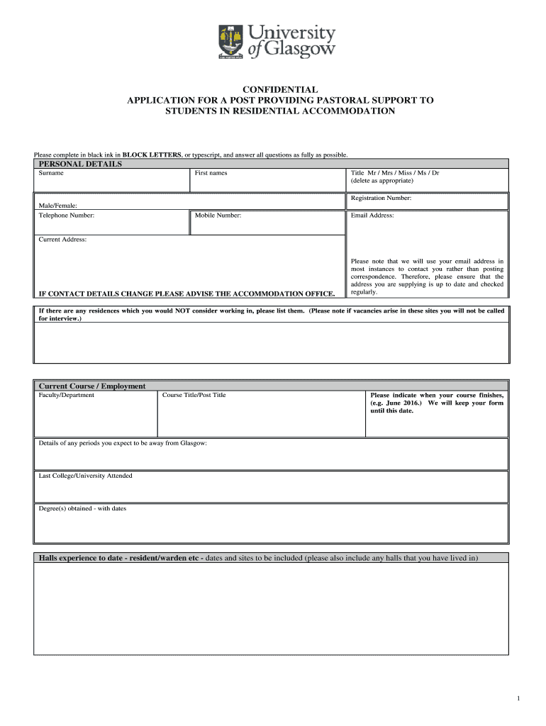Fillable Online Gla Ac Pastoral Support Application Form Pdf