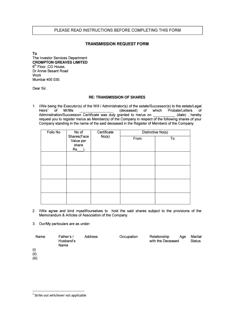 Fillable Online Transmission Request Form for Shares Fax Email Print ...
