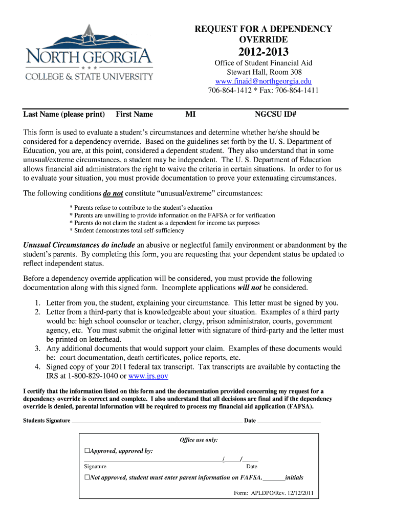 Fillable Online Request for a Dependency Override Fax Email Print ...