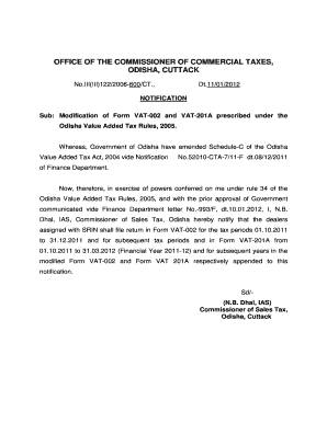 Fillable Online Modification of Form VAT-002 and VAT-201A prescribed ...