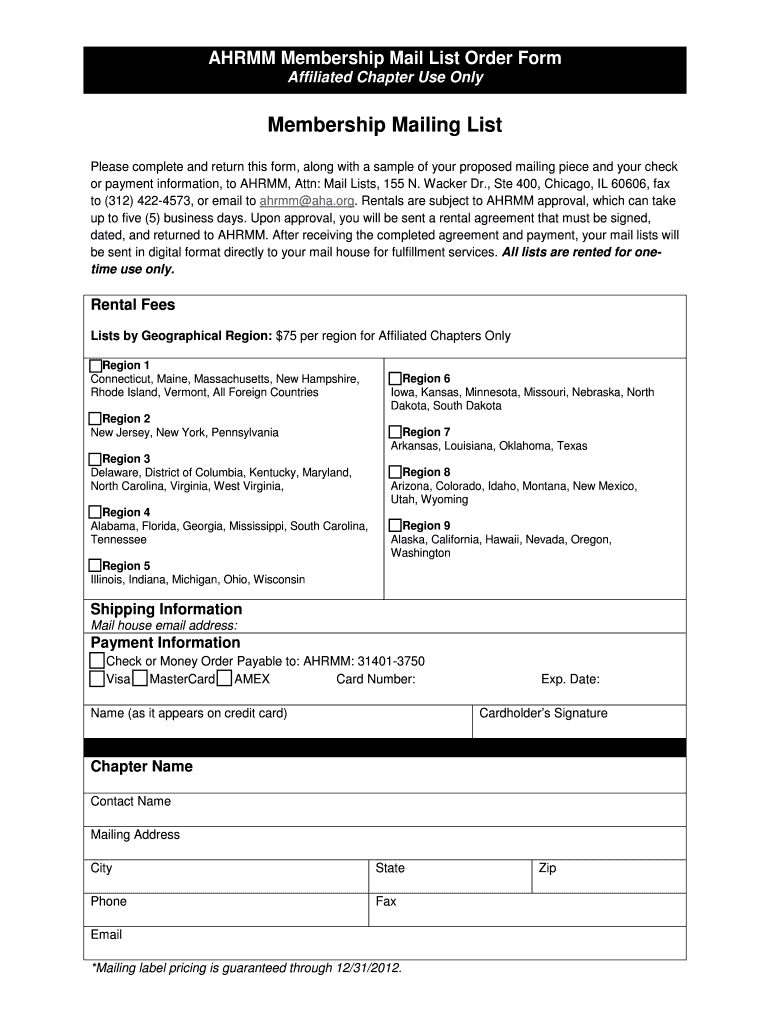 Fillable Online AHRMM Membership Mail List Order Form Fax Email Print - pdfFiller