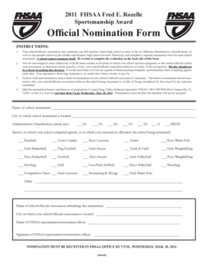 Fillable Online fhsaa 2011 FHSAA/Fred E. Rozelle Sportsmanship Award ...