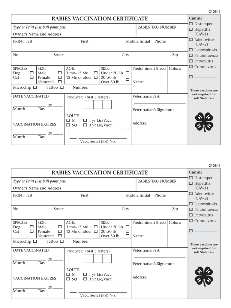 WSU Rabies Vaccination Certificate Fill And Sign Printable Template 