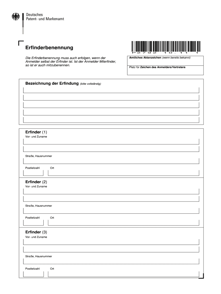 Ausfüllbares Online Erfinderbenennung für Patentanmeldungen Fax Email ...