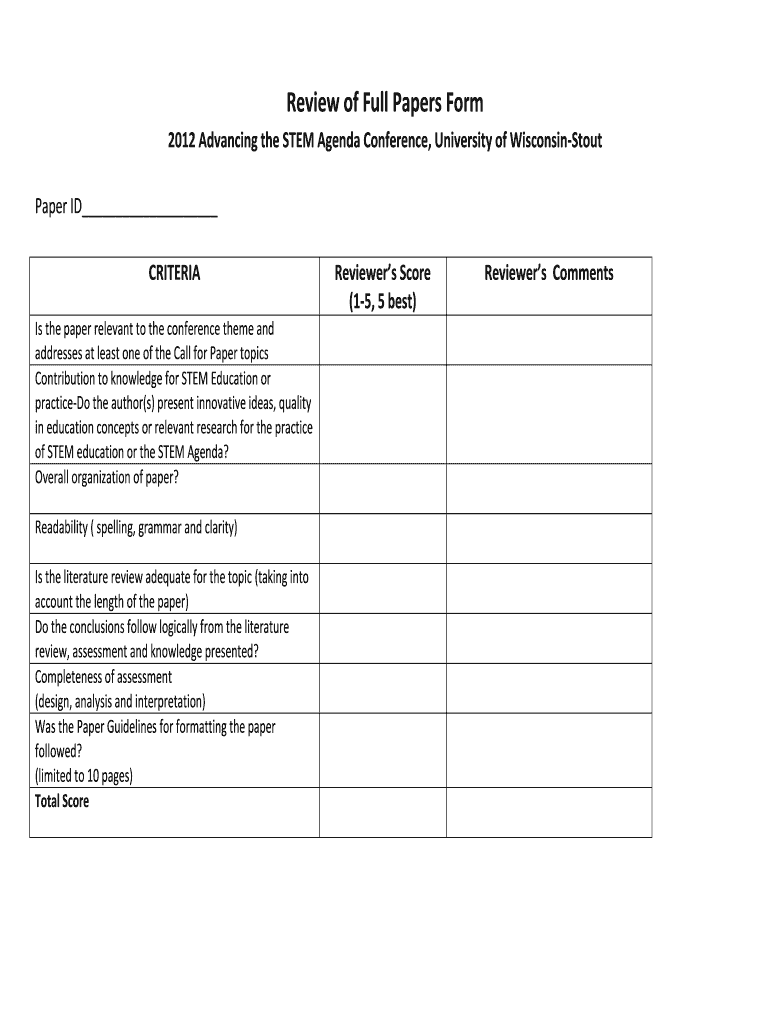 Fillable Online 2012 Advancing the STEM Agenda Conference Review Fax ...