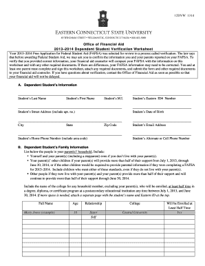 Fillable Online easternct Dependent Verification Worksheet - Eastern Connecticut State ...