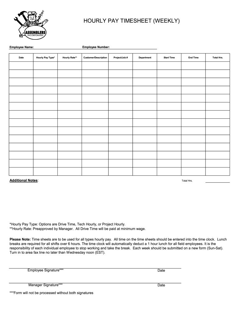 Assemblers Incorporated Hourly Pay Timesheet Weekly Fill And Sign