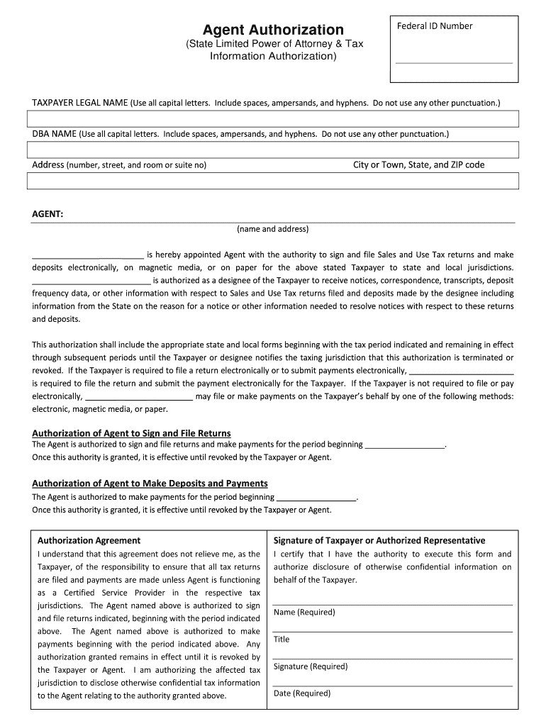 Fillable Online Agent Authorization (State Limited Power of Attorney ...