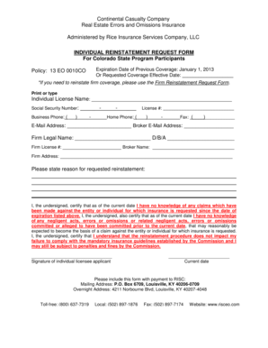 Fillable Online INDIVIDUAL REINSTATEMENT REQUEST FORM For ... - RISCEO ...