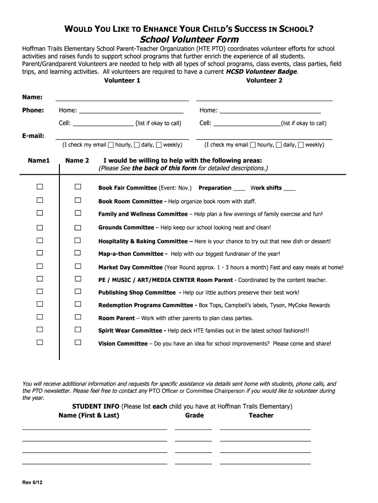 Fillable Online Hoffman Trails Elementary School Volunteer Registration ...