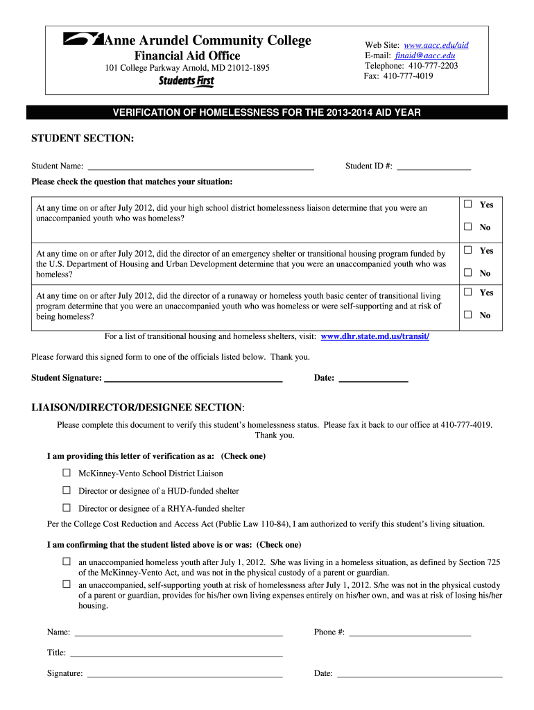 Fillable Online Verification of Homelessness for the 2013-2014 Aid Year Fax Email Print - pdfFiller