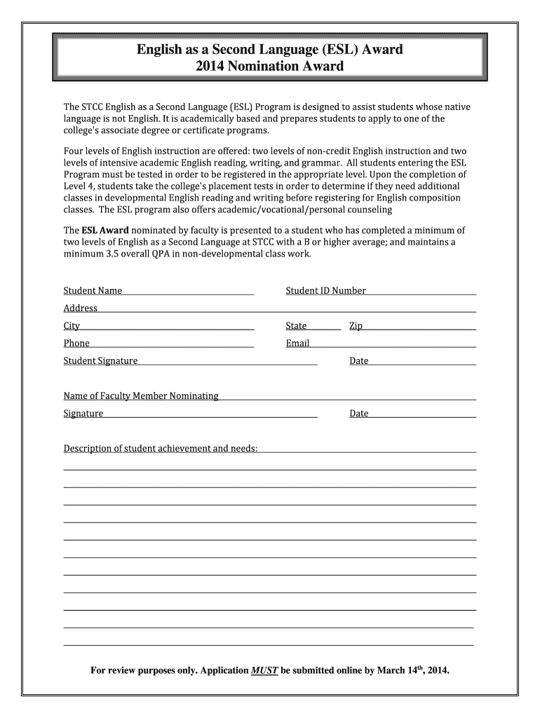 Fillable Online English as a Second Language (ESL) Award 2014 Nomination Fax Email Print - pdfFiller