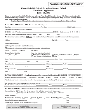 Fillable Online Enrollment form for students entering grade 9 ...