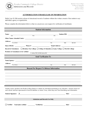 Fillable Online web peralta Authorization to Release Info form - Peralta Colleges - web peralta ...