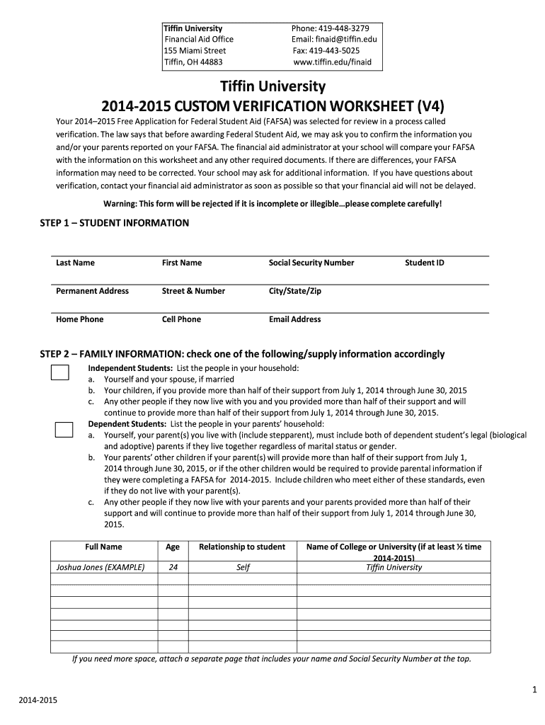 Fillable Online Custom Verification Worksheet (V4) for Federal Student Aid Fax Email Print ...