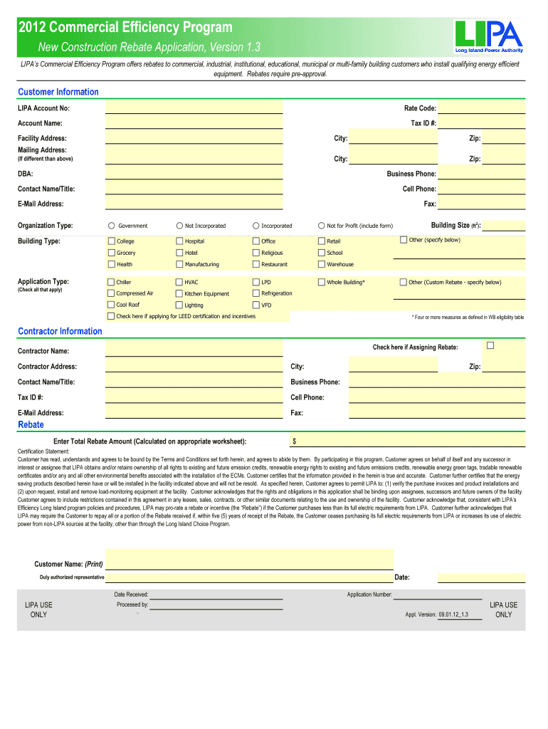 Fillable Online 2012 Commercial Efficiency Program New Construction Rebate Application Fax Email ...