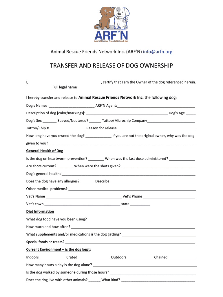 Fillable Online arfn Owner Release Form - Animal Rescue Friend Network ...