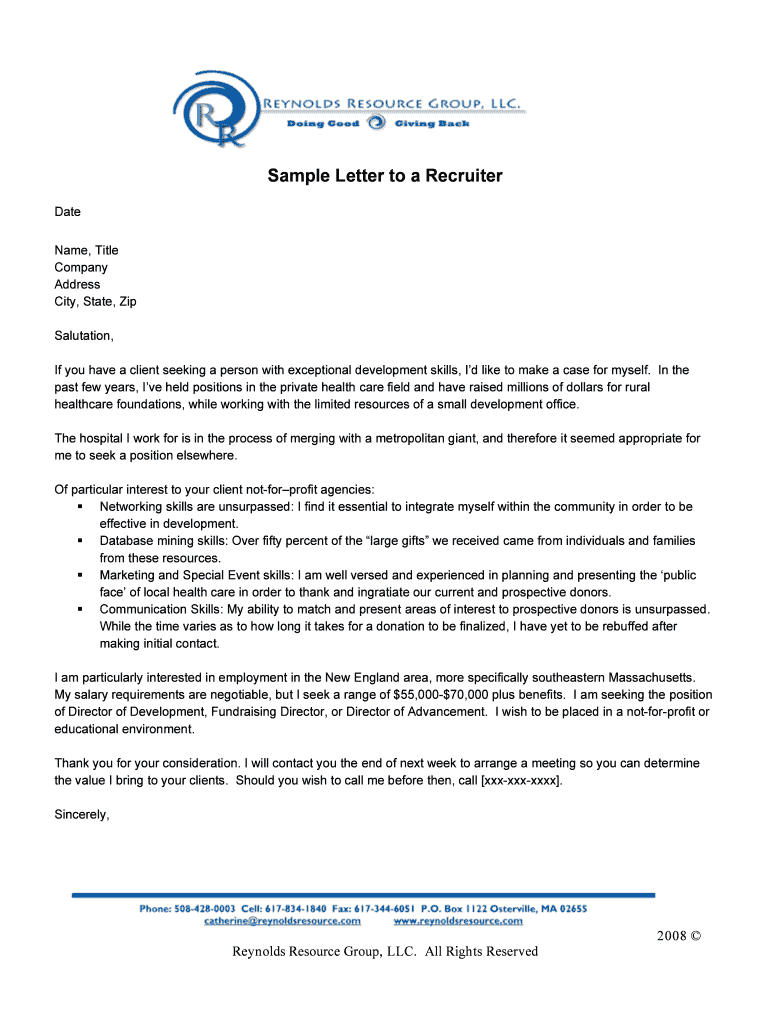 Fillable Online Sample recruiter letter - Reynolds Resource Fax Email ...