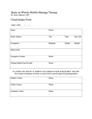 Fillable Online Heals on Wheels Mobile Massage Therapy Client Intake ...