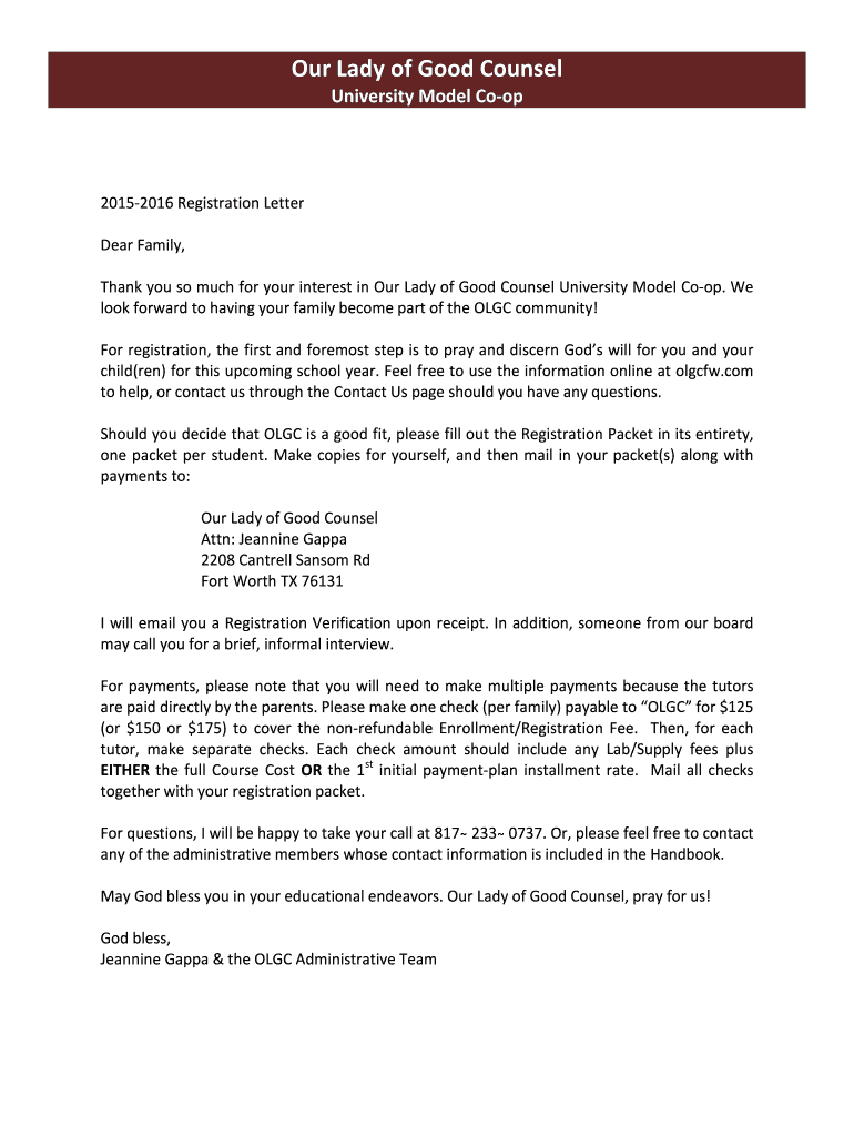 Fillable Online Our Lady of Good Counsel University Model Coop 20152016 ...