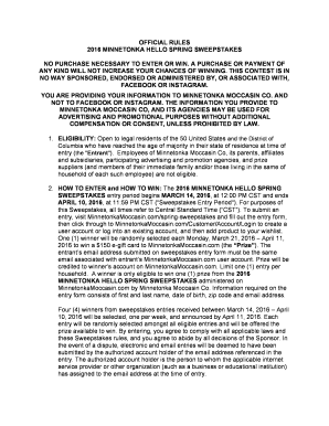 Fillable Online OFFICIAL RULES 2016 MINNETONKA HELLO SPRING SWEEPSTAKES ...