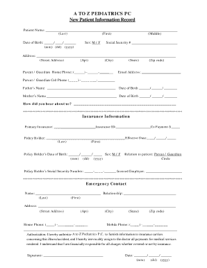 Fillable Online A TO Z PEDIATRICS PC New Patient Information Record Fax ...