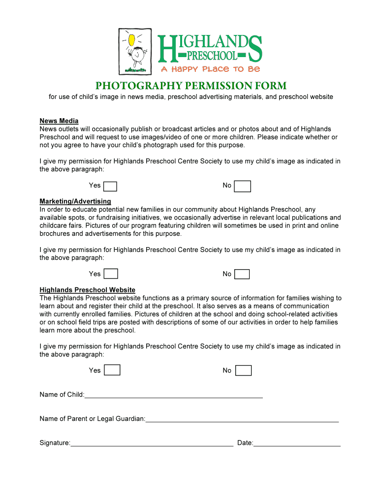 Fillable Online Highlands Photography Permission Form Fax Email Print ...
