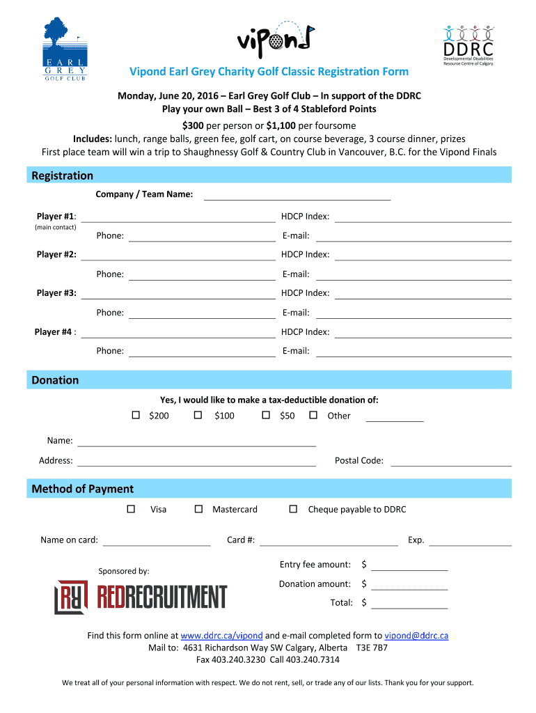 Fillable Online Vipond Earl Grey Charity Golf Classic Registration Form ...