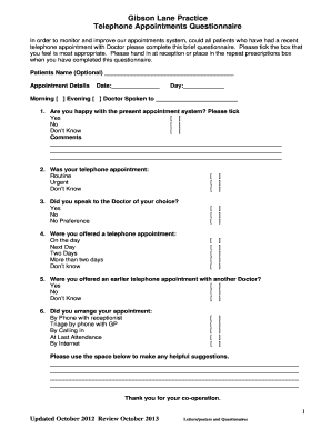 Fillable Online gibsonlanepractice co Telephone Appointments ...