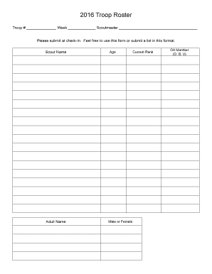 Fillable Online 2016 Troop Roster - bSkymontb Scout Reservation Fax ...