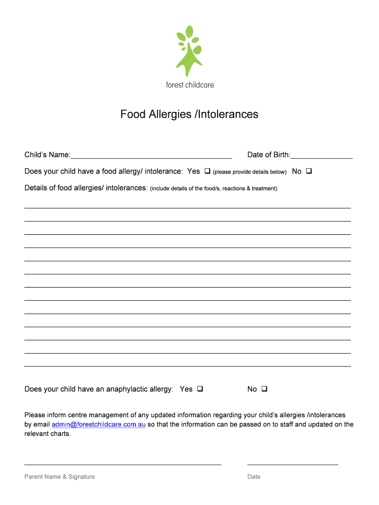 Fillable Online Food Allergies Form - Forest Child Care Fax Email Print ...
