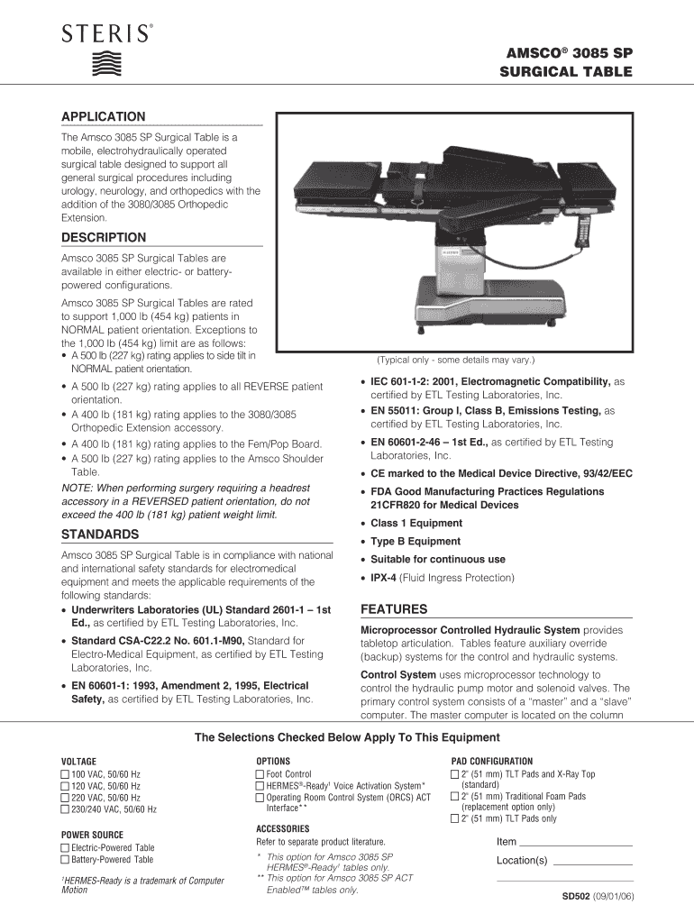 Fillable Online AMSCO 3085 SP SURGICAL TABLE - Auxo Medical Fax Email ...