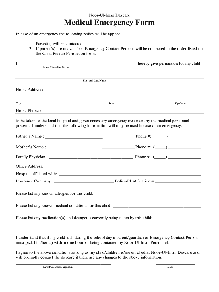 Fillable Online nuischool Noor-Ul-Iman Daycare Medical Emergency Form ...