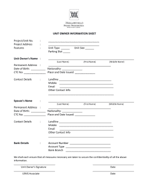 Fillable Online Unit owner Information Sheet - Megaworld PrimeRFO Fax ...