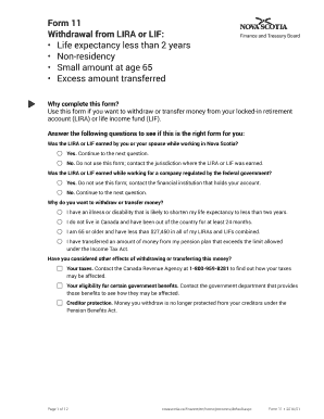 Fillable Online Form 11 Withdrawal from LIRA or LIF: Life expectancy ...
