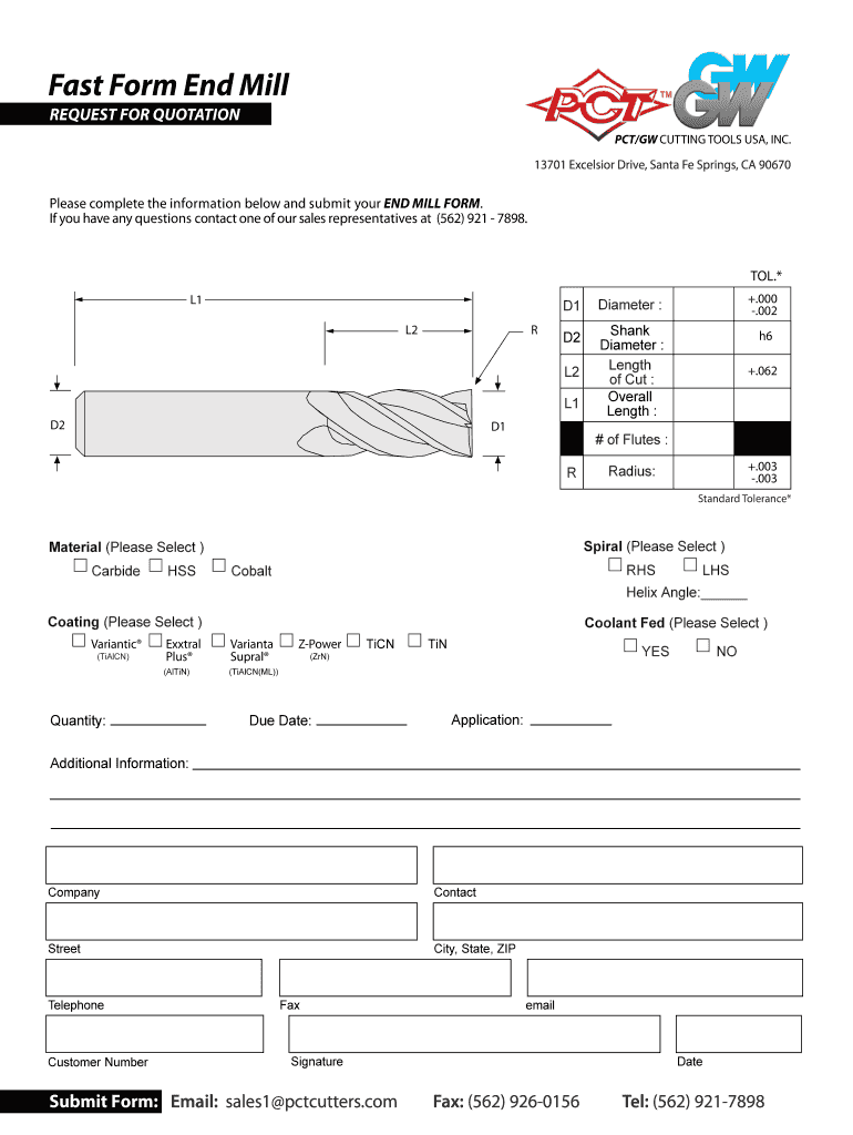 Fillable Online PCT end mill FAST form - pctcutterscom Fax Email Print ...