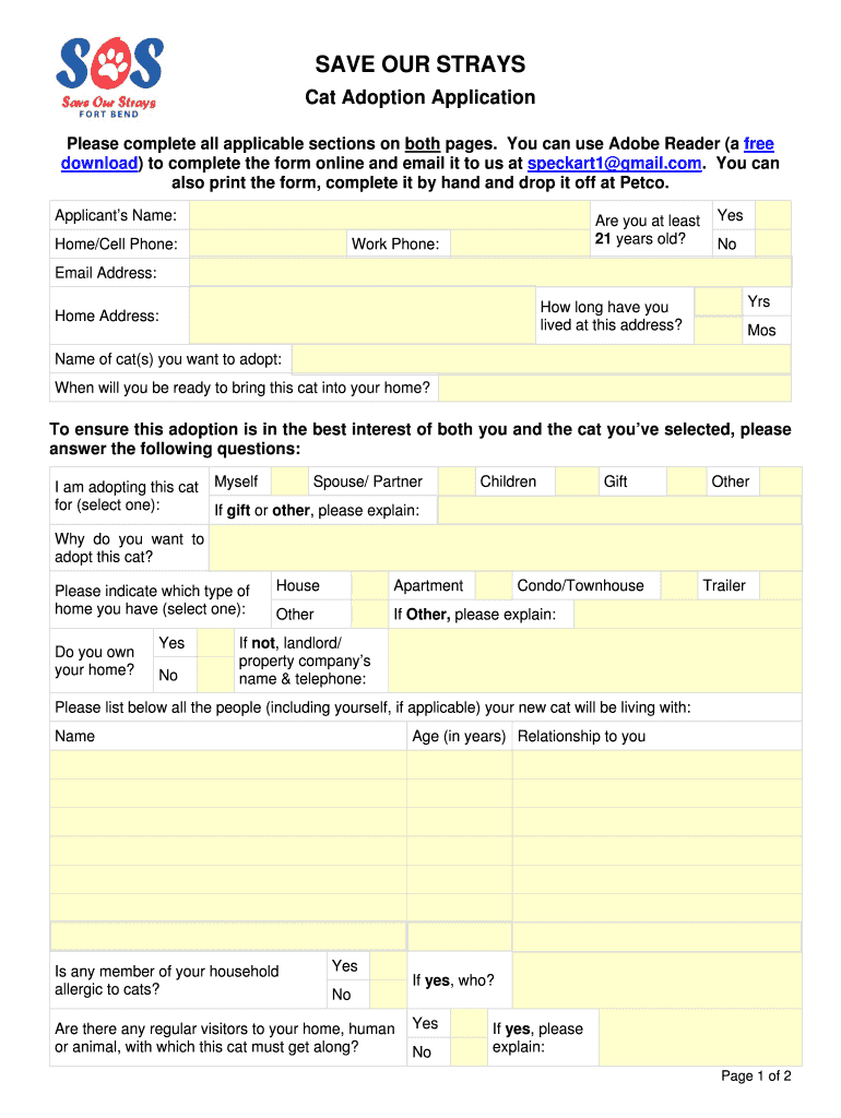 Fillable Online sosfb saveourstraysfortbend SOS Cat Adoption Form - New ...