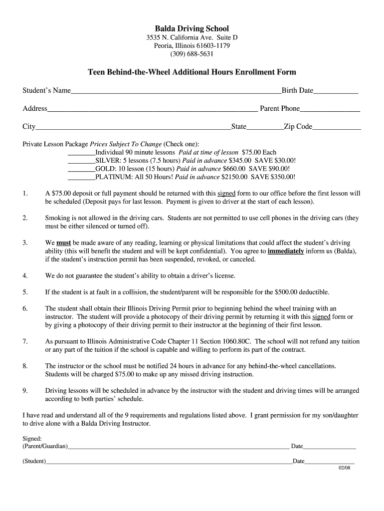 Fillable Online Teen Behind-the-Wheel Additional Hours Enrollment Form ...
